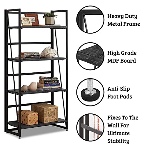 Halter 4-Tier Industrial Bookshelf Standing Shelving Unit Folding Book Shelf Organizer Wood Bookshelf Shelves for Living Room Office or Bedroom 2 Pack Black