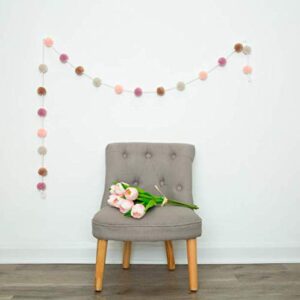 Pink Pom Pom Garland | Felt Ball Garland for Nursery, Baby Shower, Birthday and Mother's Day | Boho Bedroom Decor for Girls | Blush Pink, Mauve and Mustard Gold