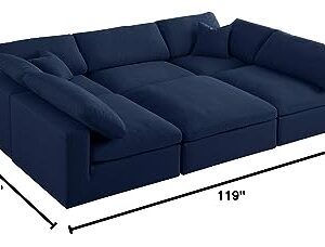 Meridian Furniture Serene Collection Modern | Contemporary Deluxe Comfort Modular Sectional, Soft Linen Textured Fabric, Down Cushions, 2 Corner + 3 Armless + 1 Ottoman, Navy