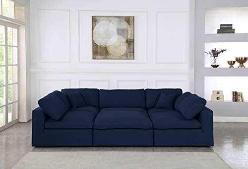 Meridian Furniture Serene Collection Modern | Contemporary Deluxe Comfort Modular Sectional, Soft Linen Textured Fabric, Down Cushions, 2 Corner + 3 Armless + 1 Ottoman, Navy