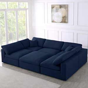 Meridian Furniture Serene Collection Modern | Contemporary Deluxe Comfort Modular Sectional, Soft Linen Textured Fabric, Down Cushions, 2 Corner + 3 Armless + 1 Ottoman, Navy