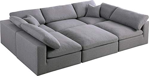 Meridian Furniture Serene Collection Modern | Contemporary Deluxe Comfort Modular Sectional, Soft Linen Textured Fabric, Down Cushions, 2 Corner + 3 Armless + 1 Ottoman, Grey