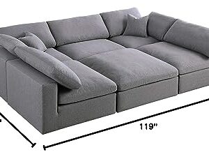 Meridian Furniture Serene Collection Modern | Contemporary Deluxe Comfort Modular Sectional, Soft Linen Textured Fabric, Down Cushions, 2 Corner + 3 Armless + 1 Ottoman, Grey