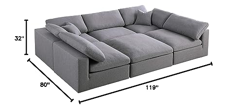 Meridian Furniture Serene Collection Modern | Contemporary Deluxe Comfort Modular Sectional, Soft Linen Textured Fabric, Down Cushions, 2 Corner + 3 Armless + 1 Ottoman, Grey