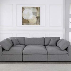 Meridian Furniture Serene Collection Modern | Contemporary Deluxe Comfort Modular Sectional, Soft Linen Textured Fabric, Down Cushions, 2 Corner + 3 Armless + 1 Ottoman, Grey