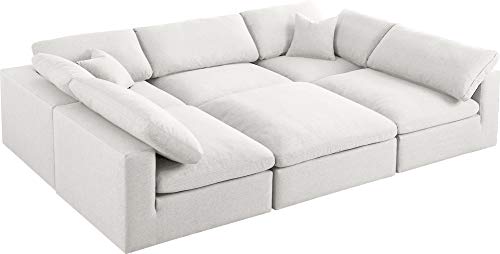 Meridian Furniture Serene Collection Modern | Contemporary Deluxe Comfort Modular Sectional, Soft Linen Textured Fabric, Down Cushions, 2 Corner + 3 Armless + 1 Ottoman, Cream