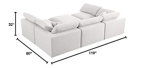 Meridian Furniture Serene Collection Modern | Contemporary Deluxe Comfort Modular Sectional, Soft Linen Textured Fabric, Down Cushions, 2 Corner + 3 Armless + 1 Ottoman, Cream