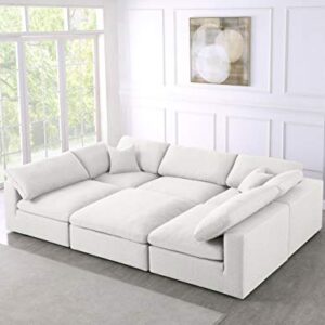 Meridian Furniture Serene Collection Modern | Contemporary Deluxe Comfort Modular Sectional, Soft Linen Textured Fabric, Down Cushions, 2 Corner + 3 Armless + 1 Ottoman, Cream