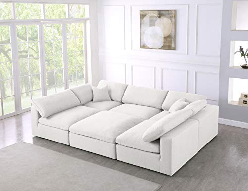 Meridian Furniture Serene Collection Modern | Contemporary Deluxe Comfort Modular Sectional, Soft Linen Textured Fabric, Down Cushions, 2 Corner + 3 Armless + 1 Ottoman, Cream