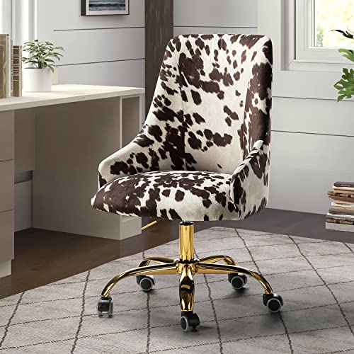 TINA'S HOME Upholstered Desk Chair Modern Armless Office Chair with Wheels, Adjustable Swivel Fabric Task Chair for Living Room, Bedroom, Vanity Room(Gold Base, Cowhide)