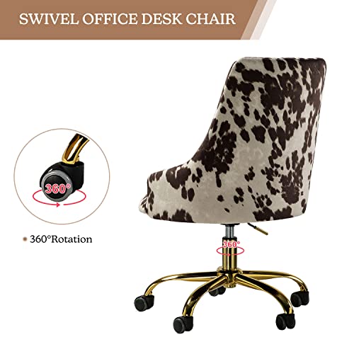 TINA'S HOME Upholstered Desk Chair Modern Armless Office Chair with Wheels, Adjustable Swivel Fabric Task Chair for Living Room, Bedroom, Vanity Room(Gold Base, Cowhide)