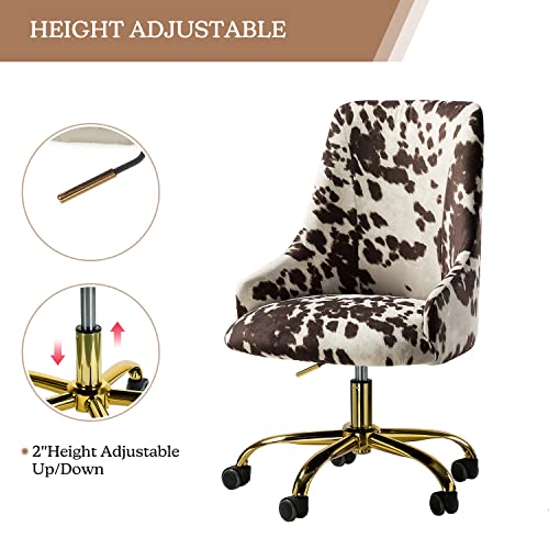 TINA'S HOME Upholstered Desk Chair Modern Armless Office Chair with Wheels, Adjustable Swivel Fabric Task Chair for Living Room, Bedroom, Vanity Room(Gold Base, Cowhide)