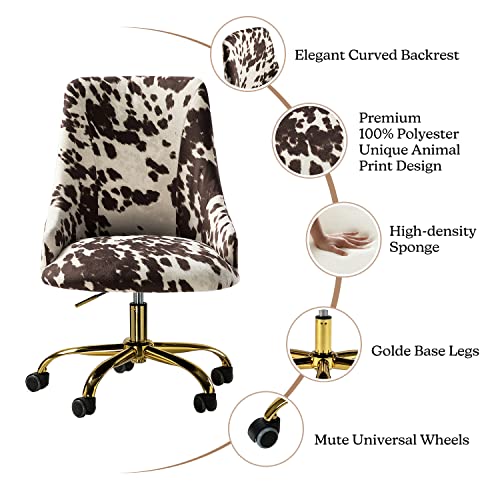 TINA'S HOME Upholstered Desk Chair Modern Armless Office Chair with Wheels, Adjustable Swivel Fabric Task Chair for Living Room, Bedroom, Vanity Room(Gold Base, Cowhide)