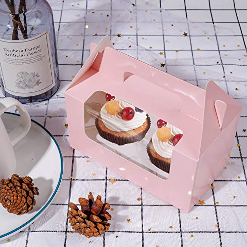 EUSOAR Cupcake Containers with Holders, 50pcs 6.3" x 3.5" x 3.0" Cupcake Carrier with Window Insert and Handle, Bakery Wrapping Party Favor Packing Togo Take-Out Cupcake Muffin Carry Boxes Container