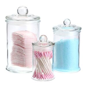 mdluu set of 3 glass canisters, apothecary jars with airtight lids, bathroom vanity organizers for cotton balls, qtip cotton swabs, cotton balls, flossers, bath salt