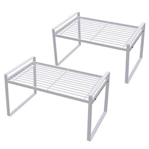 shantton 2 pack kitchen cabinet shelf counter organizer rack pantry storage bathroom bedroom office table desk space saving steel frame stackable rust resistant non slip white