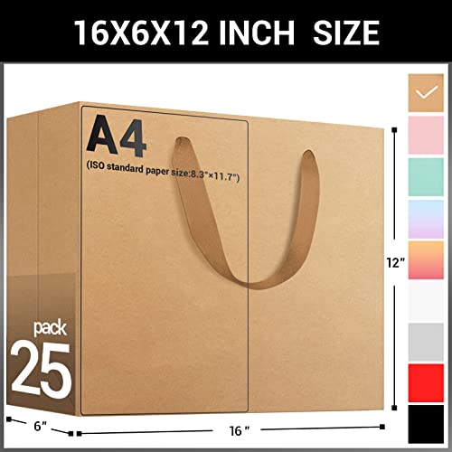 EUSOAR Extra Large Kraft Gift Bags,16"x6"x12" 25 pack Brown Paper Handle Craft Shopping Bags in Bulk, for Retail, Restaurant, Business, Party Favor, Grocery, Boutique, Birthday, Wedding, Baby Shower