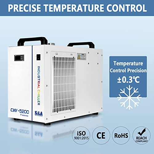 S&A 7L Industrial Water Chiller CW-5200DH 0.9HP 3.43gpm Water Cooling System for 60W 70W 80W 90W 100W 120W 130W 150W CO2 Laser Engraving & Cutting Machines, Cools 5699 BTU/Hour