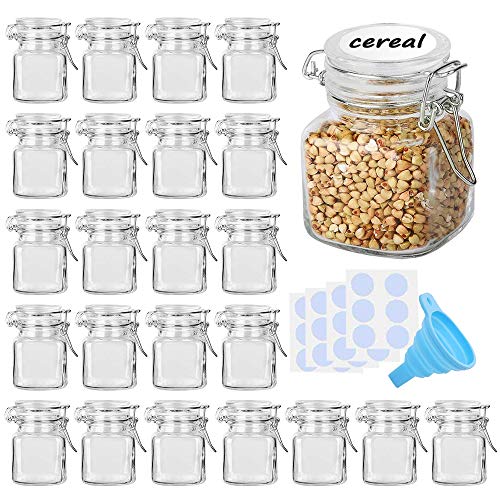 Spice Jars, SPANLA 24 Pack 4oz Small Glass Jars with Airtight Hinged Lid, With 24 Spice Labels & Silicone Funnels, Airtight Glass Jars for Spices, Condiments Herb Seasoning Art Craft Storage