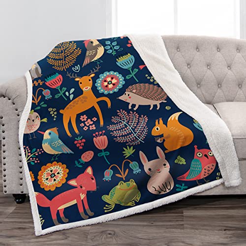 Jekeno Cartoon Forest Animals Sherpa Blanket Soft Warm Deer Rabbit Owl Fox Print Throw Blanket for Kids Adults Gift Sofa Chair Bed Office 50"x60"