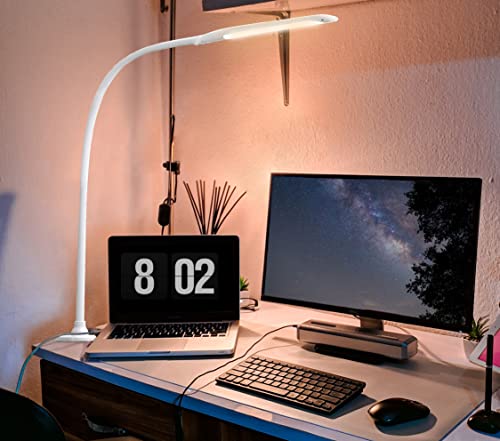 YOUKOYI Desk Lamp with Clamp, Swing Arm Lamp, Flexible Gooseneck Architect Table Lamp- Stepless Dimming, 3 Color Modes, Touch Control, 9W, 1050LUX Eye-care Desk Lamp for Home/Office/Study/Work (White)