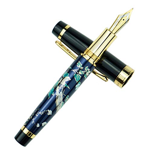 Hongdian Fountain Pen Fine Nib Blue Barrel, Cloisonne Painting (Bird, Butterfly and Flower) with Metal Box