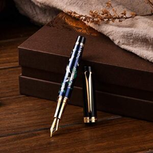 Hongdian Fountain Pen Fine Nib Blue Barrel, Cloisonne Painting (Bird, Butterfly and Flower) with Metal Box