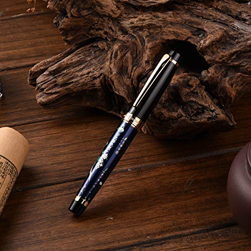 Hongdian Fountain Pen Fine Nib Blue Barrel, Cloisonne Painting (Bird, Butterfly and Flower) with Metal Box