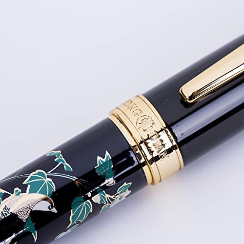 Hongdian Fountain Pen Fine Nib Blue Barrel, Cloisonne Painting (Bird, Butterfly and Flower) with Metal Box