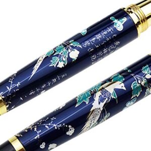 Hongdian Fountain Pen Fine Nib Blue Barrel, Cloisonne Painting (Bird, Butterfly and Flower) with Metal Box