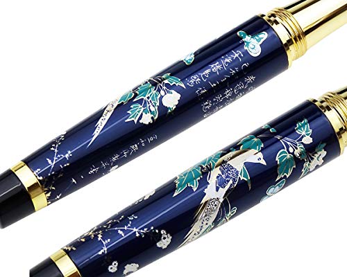 Hongdian Fountain Pen Fine Nib Blue Barrel, Cloisonne Painting (Bird, Butterfly and Flower) with Metal Box