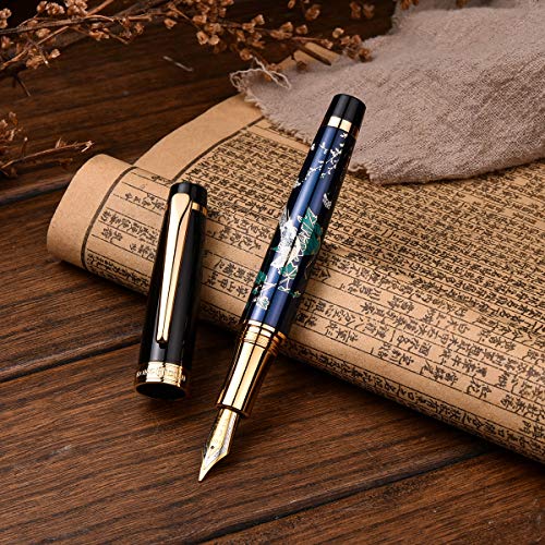 Hongdian Fountain Pen Fine Nib Blue Barrel, Cloisonne Painting (Bird, Butterfly and Flower) with Metal Box