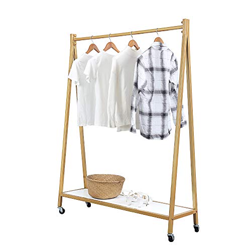 OLDRAINBOW Clothing Racks with Wood Shelves 59in,Retail Rolling Display Rack with Wheels,Commercial Clothes Racks for Hanging Clothes,Metal Garment Rack(Gold)