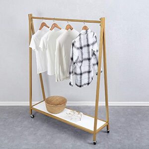 OLDRAINBOW Clothing Racks with Wood Shelves 59in,Retail Rolling Display Rack with Wheels,Commercial Clothes Racks for Hanging Clothes,Metal Garment Rack(Gold)