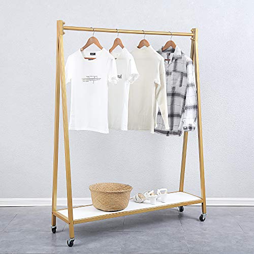 OLDRAINBOW Clothing Racks with Wood Shelves 59in,Retail Rolling Display Rack with Wheels,Commercial Clothes Racks for Hanging Clothes,Metal Garment Rack(Gold)