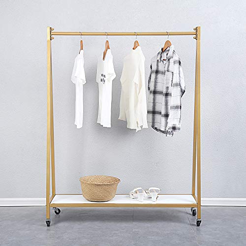 OLDRAINBOW Clothing Racks with Wood Shelves 59in,Retail Rolling Display Rack with Wheels,Commercial Clothes Racks for Hanging Clothes,Metal Garment Rack(Gold)