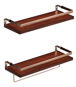 vdomus floating shelves made of wood material 2 pack, brown floating bathroom shelves wall mounted with towel bar for kitchen