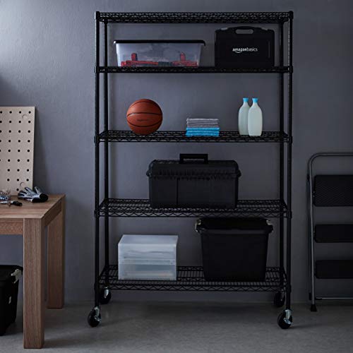 AmazonCommercial Heavy-Duty 5-Tier Steel Wire Shelving with Optional Wheels, NSF Certified, 48" W x 18" D, Black