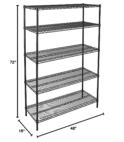 AmazonCommercial Heavy-Duty 5-Tier Steel Wire Shelving with Optional Wheels, NSF Certified, 48" W x 18" D, Black