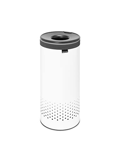 BrBrabantia - Laundry Hamper - with Plastic Lid - Ventilation Holes - Corrosion Resistant Materials - Hygienic - Discrete - Laundry Basket - Bathroom - with Small Hole - White - 35L