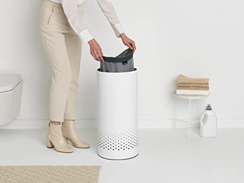 BrBrabantia - Laundry Hamper - with Plastic Lid - Ventilation Holes - Corrosion Resistant Materials - Hygienic - Discrete - Laundry Basket - Bathroom - with Small Hole - White - 35L