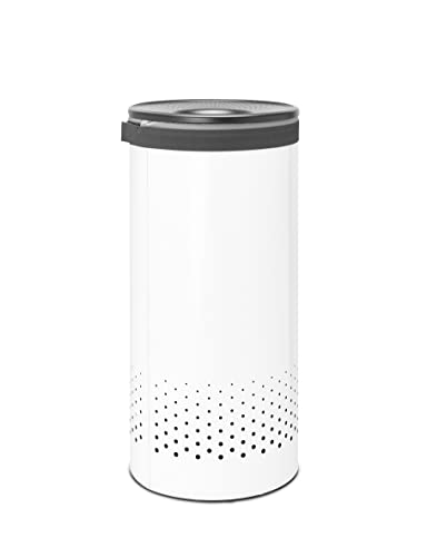 BrBrabantia - Laundry Hamper - with Plastic Lid - Ventilation Holes - Corrosion Resistant Materials - Hygienic - Discrete - Laundry Basket - Bathroom - with Small Hole - White - 35L