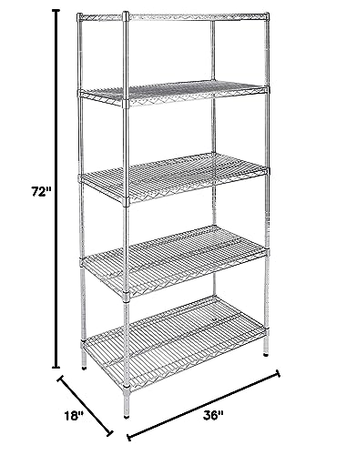 AmazonCommercial Heavy-Duty 5-Tier Steel Wire Shelving with Optional Wheels, NSF Certified, 36" W x 18" D, Chrome