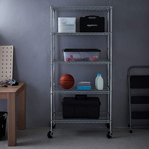 AmazonCommercial Heavy-Duty 5-Tier Steel Wire Shelving with Optional Wheels, NSF Certified, 36" W x 18" D, Chrome