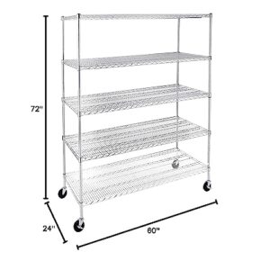 AmazonCommercial Heavy-Duty 5-Tier Steel Wire Shelving with Optional Wheels, NSF Certified, 60" W x 24" D, Chrome