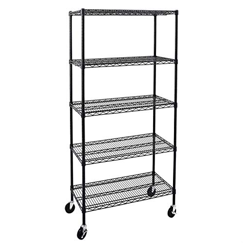 AmazonCommercial Heavy-Duty 5-Tier Steel Wire Shelving with Optional Wheels, NSF Certified, Black, 36" W x 18" D x 72" H (76'' H with wheels)