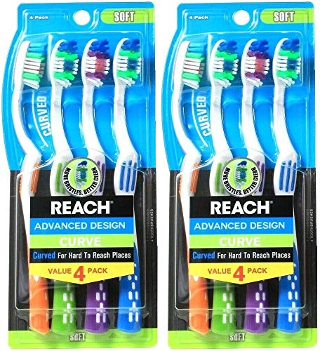 Reach Advanced Design Curve Soft Toothbrushes, 4 Count (Pack of 2) Total 8 Toothbrushes, Colors May Vary