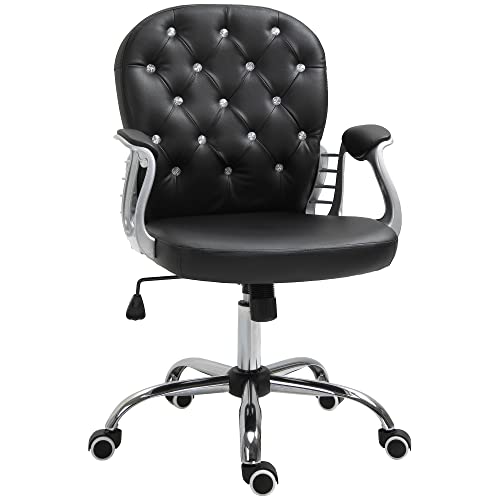 Vinsetto Vanity PU Leather Mid Back Office Chair Swivel Tufted Backrest Task Chair with Padded Armrests, Adjustable Height, Rolling Wheels, Black