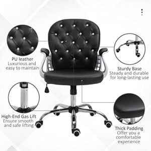 Vinsetto Vanity PU Leather Mid Back Office Chair Swivel Tufted Backrest Task Chair with Padded Armrests, Adjustable Height, Rolling Wheels, Black