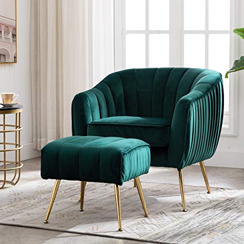 Artechworks Velvet Modern Tub Barrel Arm Chair Upholstered Tufted with Gold Metal Legs Accent Club Chair with Ottoman Footrest for Living Reading Room Bedroom, Green